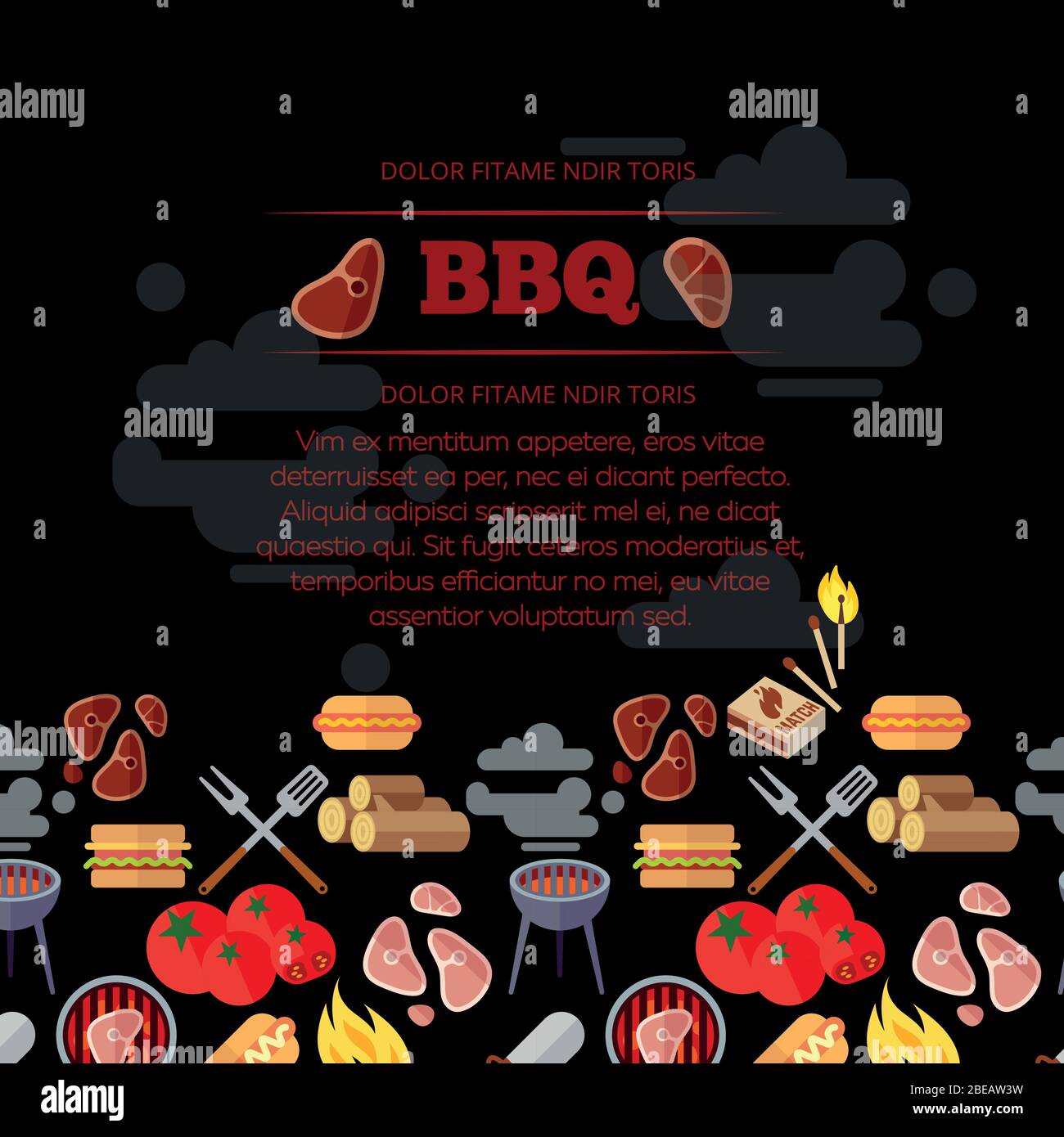 BBQ party poster design with barbeque and meat flat icons. Banner ...