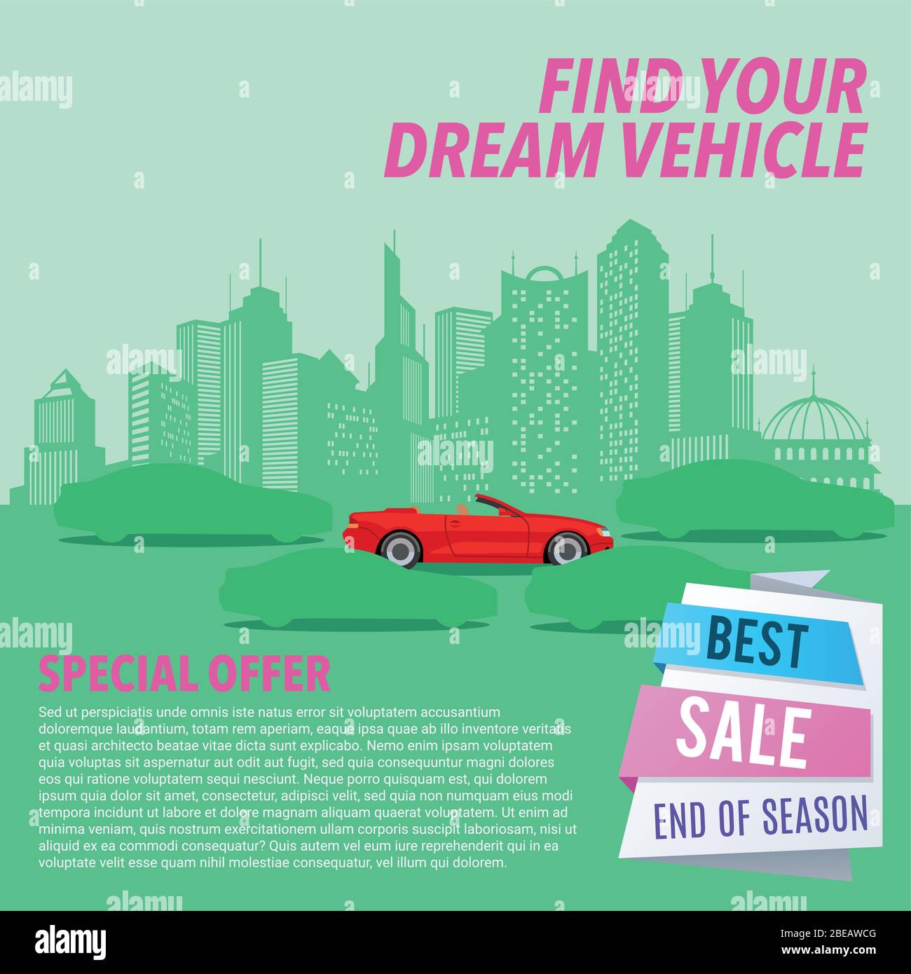 Car sale banner. Vector illustration with cartoon-style red cabriolet ...