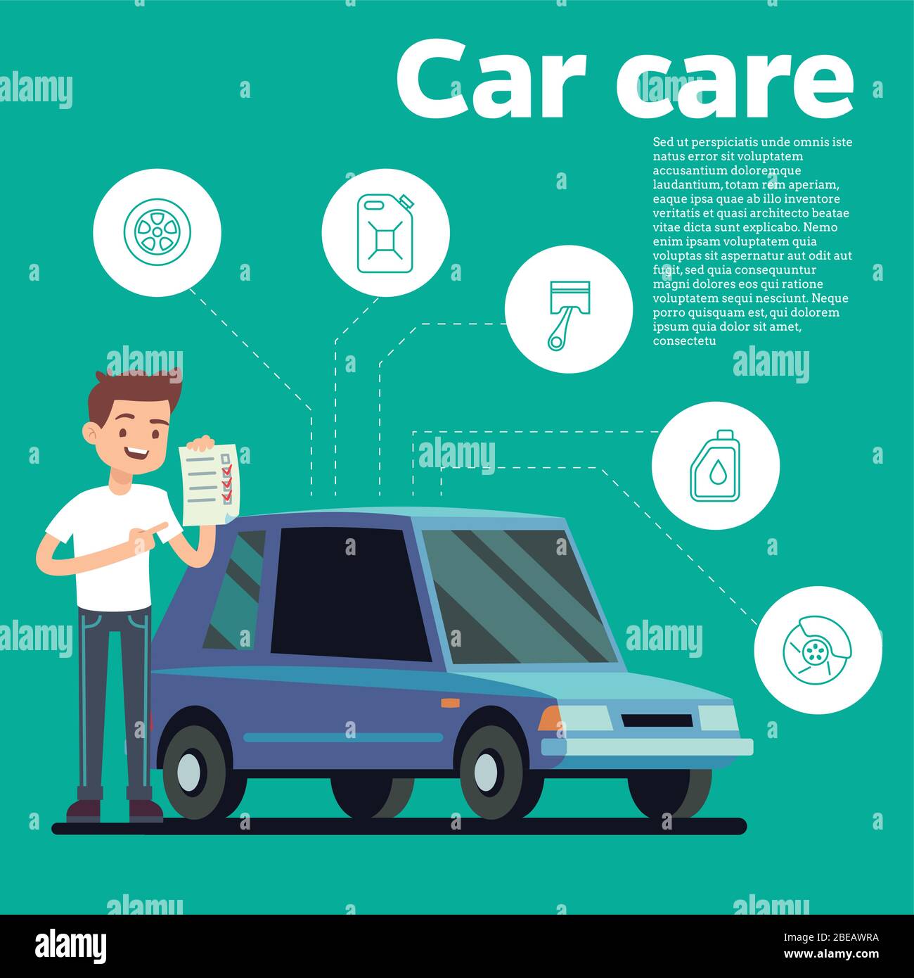 Cars tips vector illustration. Young man with checklist and blue car ...