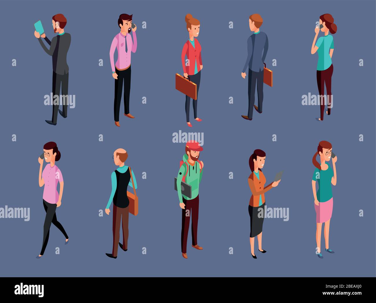Different office people standing and using gadgets. Isometric woman and ...