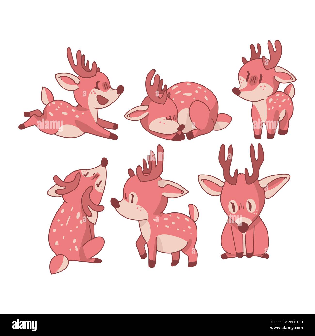 Pink kawaii deer animal vector set illustration. Pink girly doe with ...