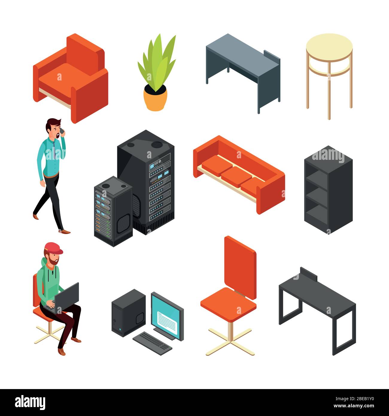 Set of office isometric icons. Computers, server, plant and technical ...