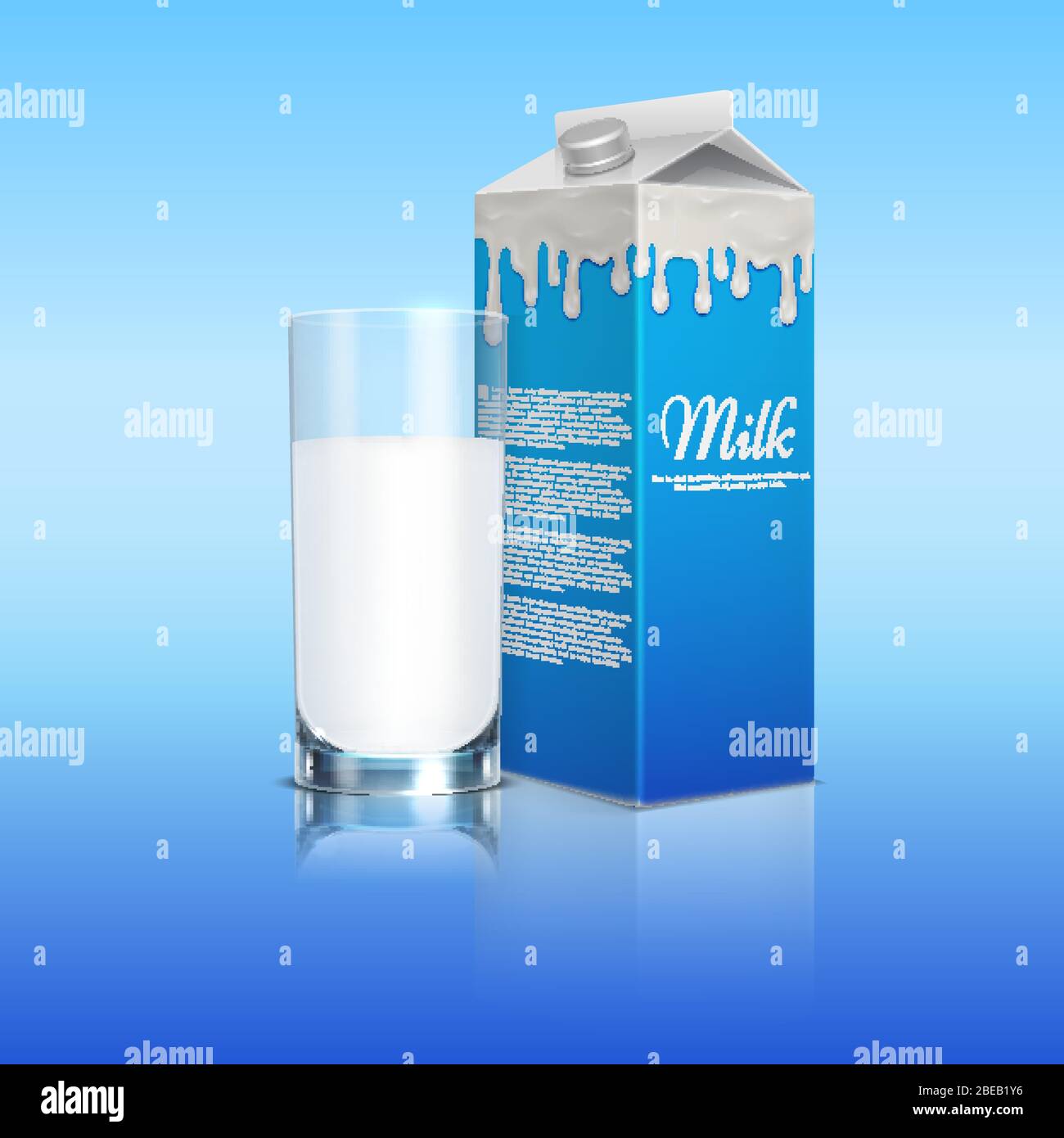 Milk pack realistic with glass cup on blue background. Vector template ...