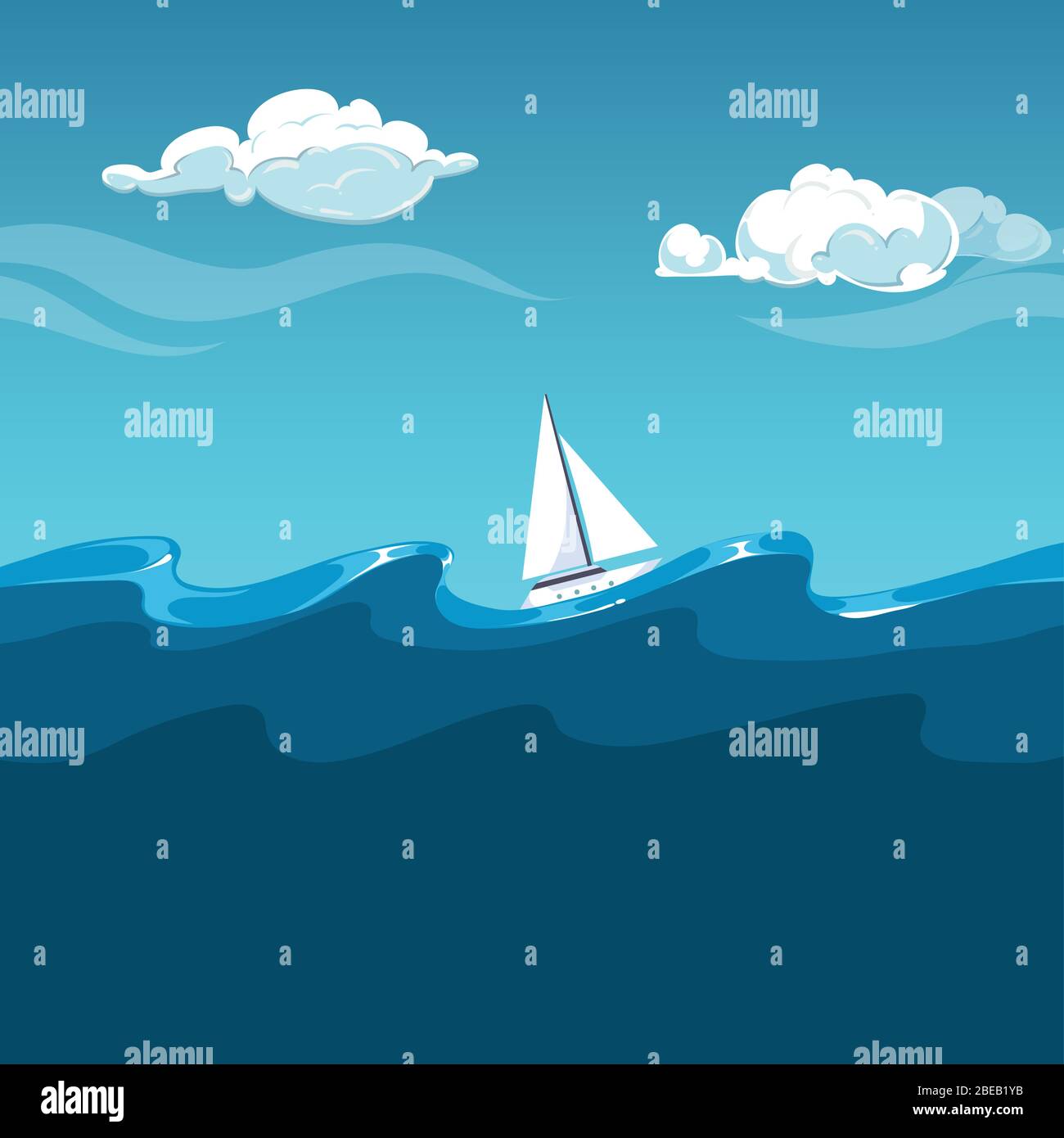 Sea illustration. White sailboat on big waves. Boat in ocean vector ...