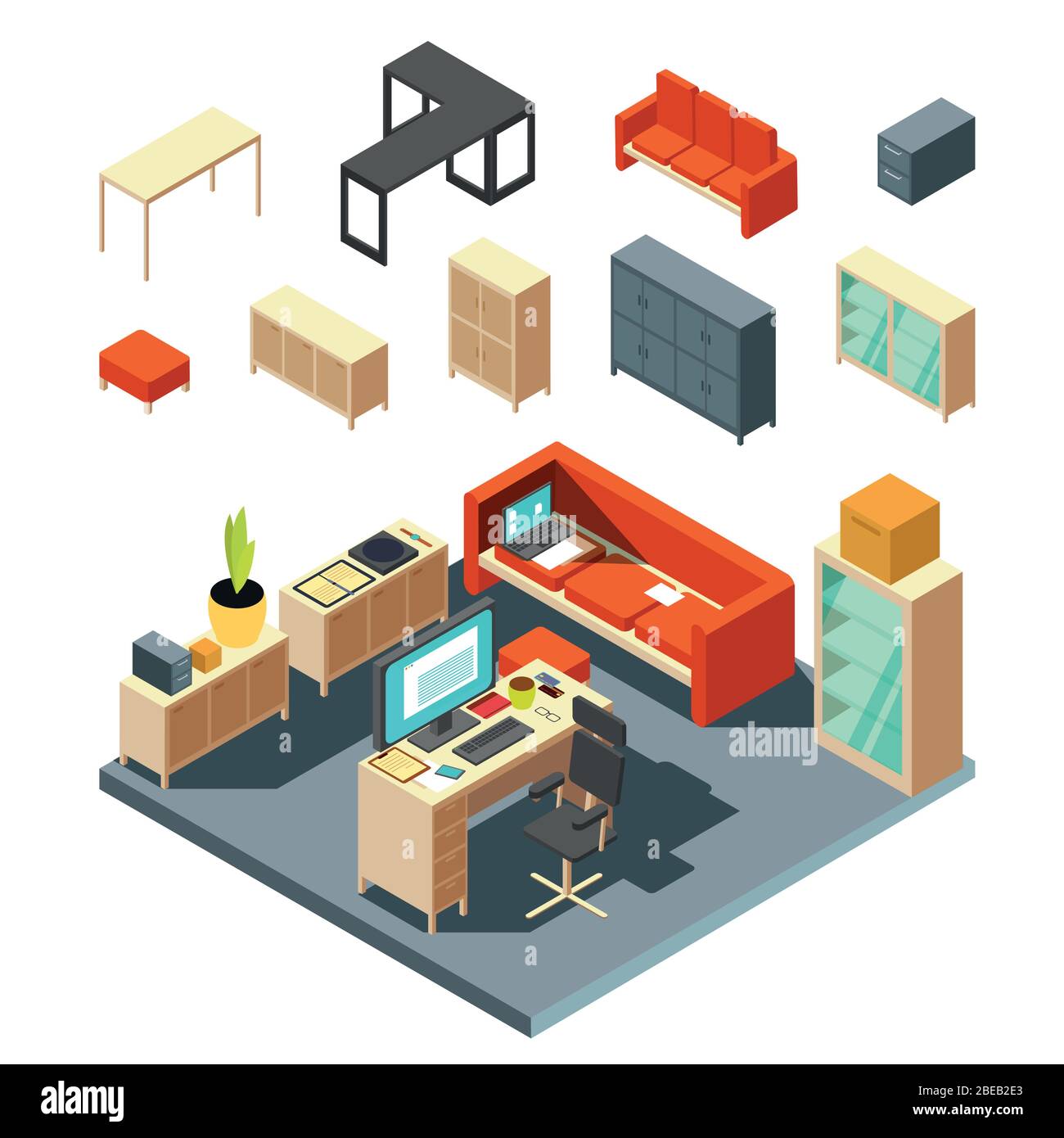 Set of isometric office interior elements. Flat-style vector ...