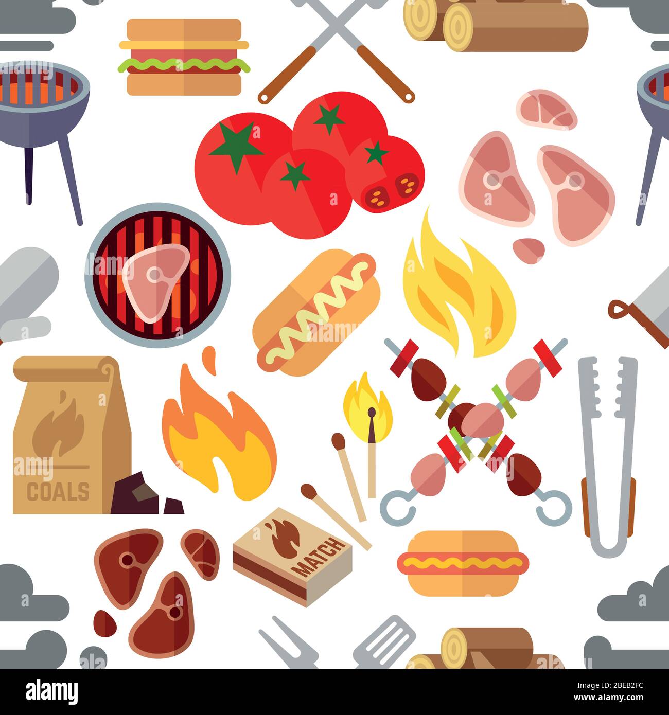 Summer picnic, barbecue and grilled food steak vector seamless texture ...