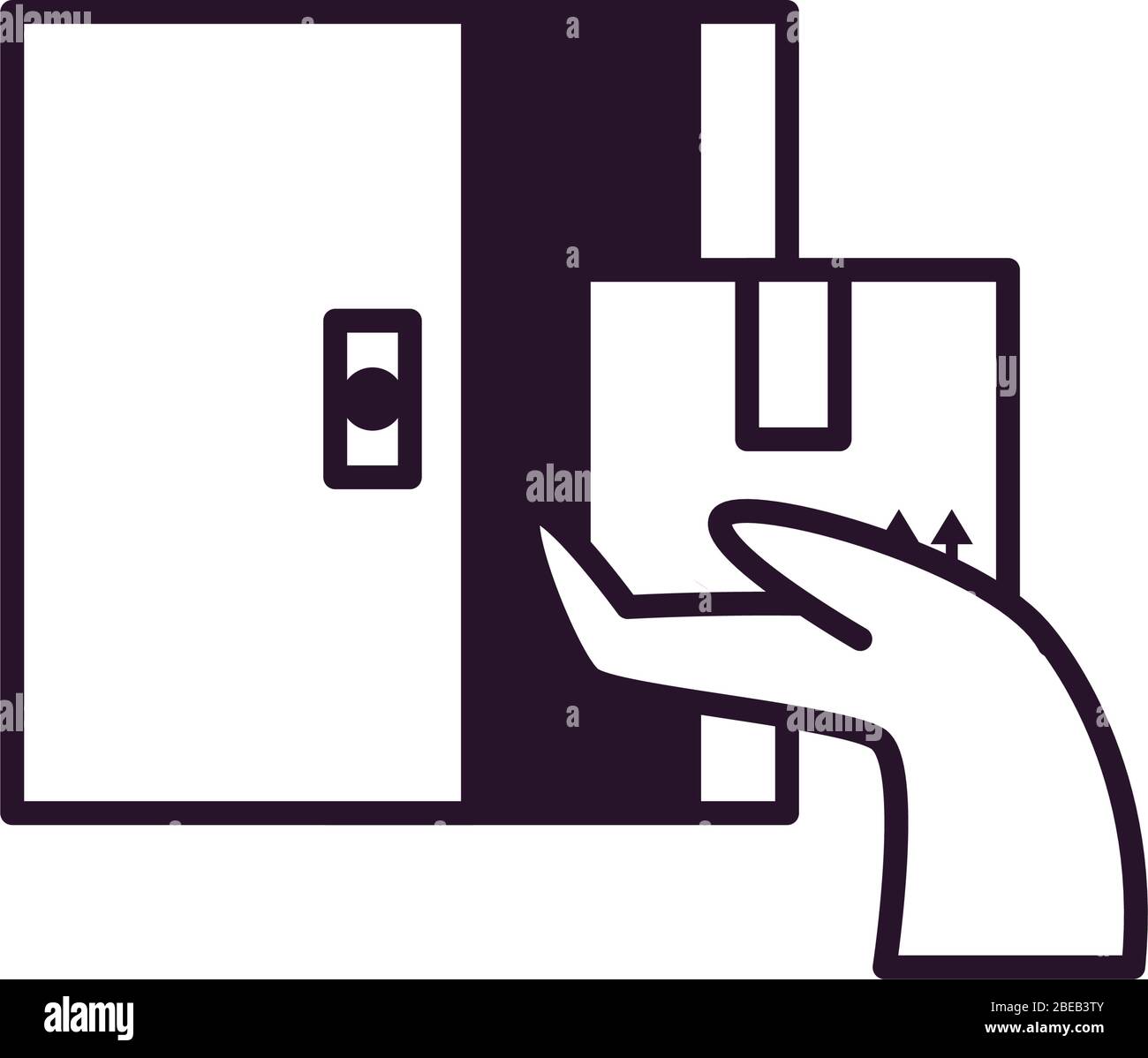 hand holding a box and door icon over white background, line style ...