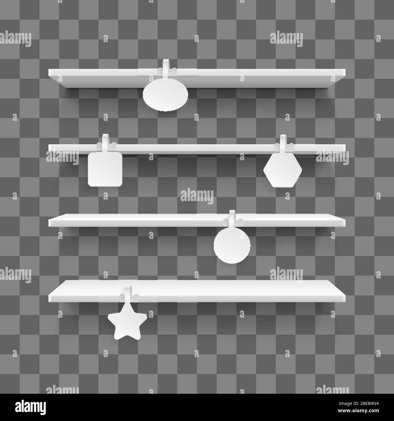 Empty supermarket retail shelves with advertising wobblers isolated on ...