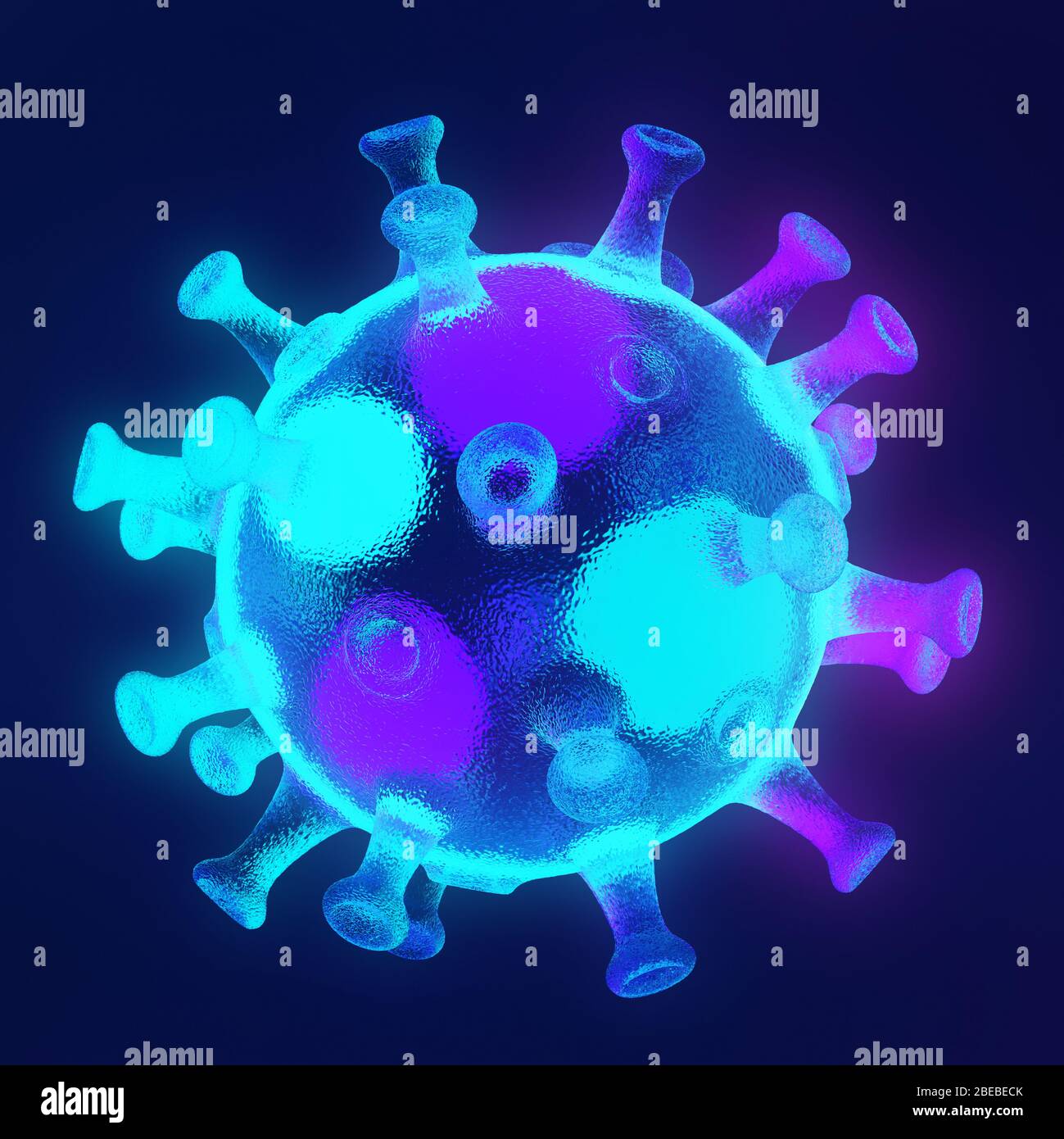 Covid-19 Coronavirus concept, glowing and transparent cyan and purple ...