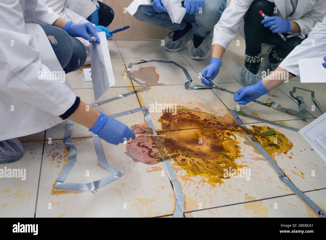 Forensic technicians taking DNA sample from blood stain with cotton ...