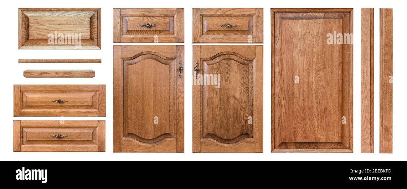 Kit of wooden elements from oak material. Object isolated on a white ...