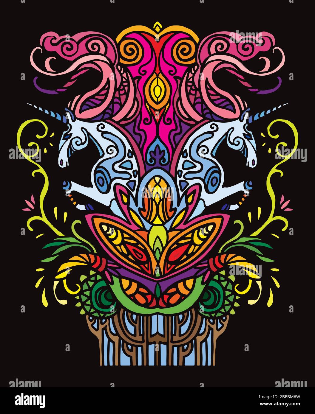 Vector decorative doodle ornamental couple of unicorns. Colorful ...