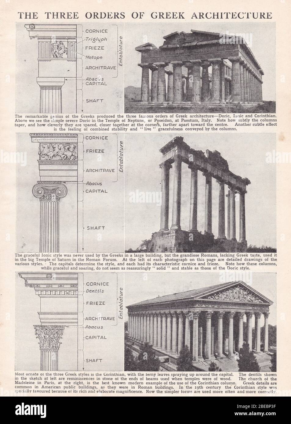 Vintage 1930s black and white photos of The Three Orders of Greek Architecture Stock Photo - Alamy