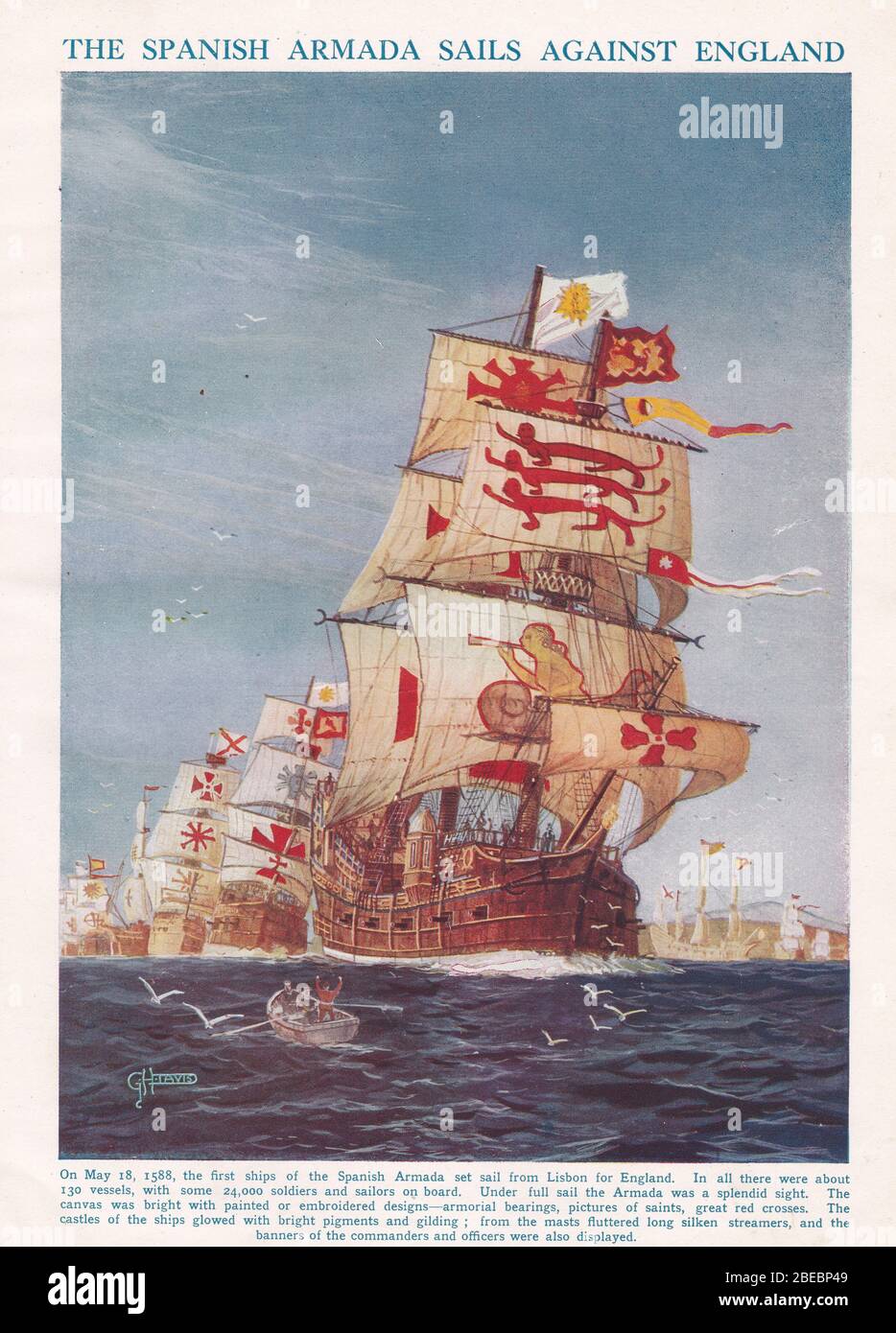 Vintage drawing of The Spanish Armada setting sail from Lisbon on the ...