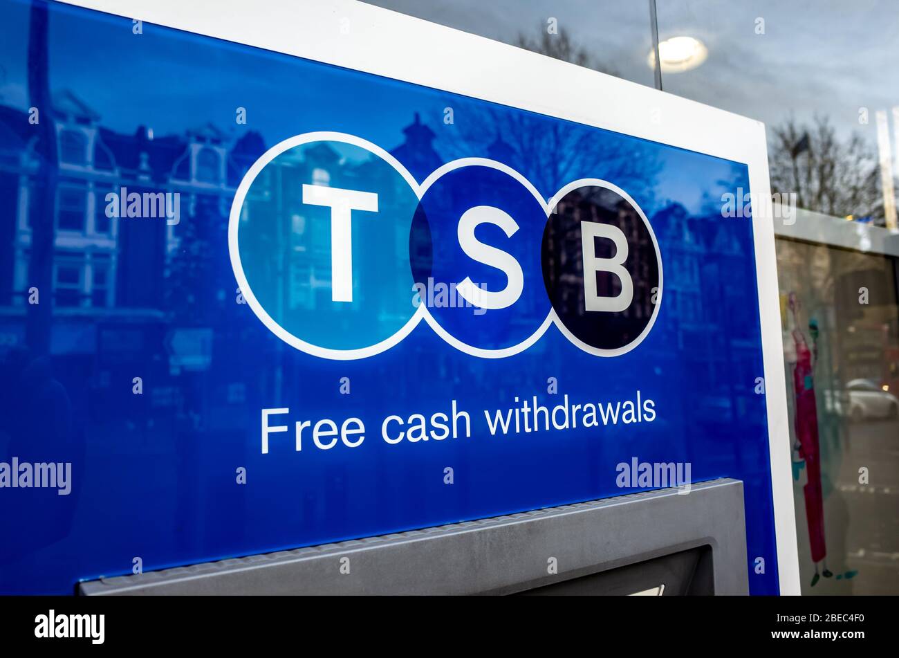 LONDON- DECEMBER, 2019: TSB bank logo on cash machine, a retail and ...