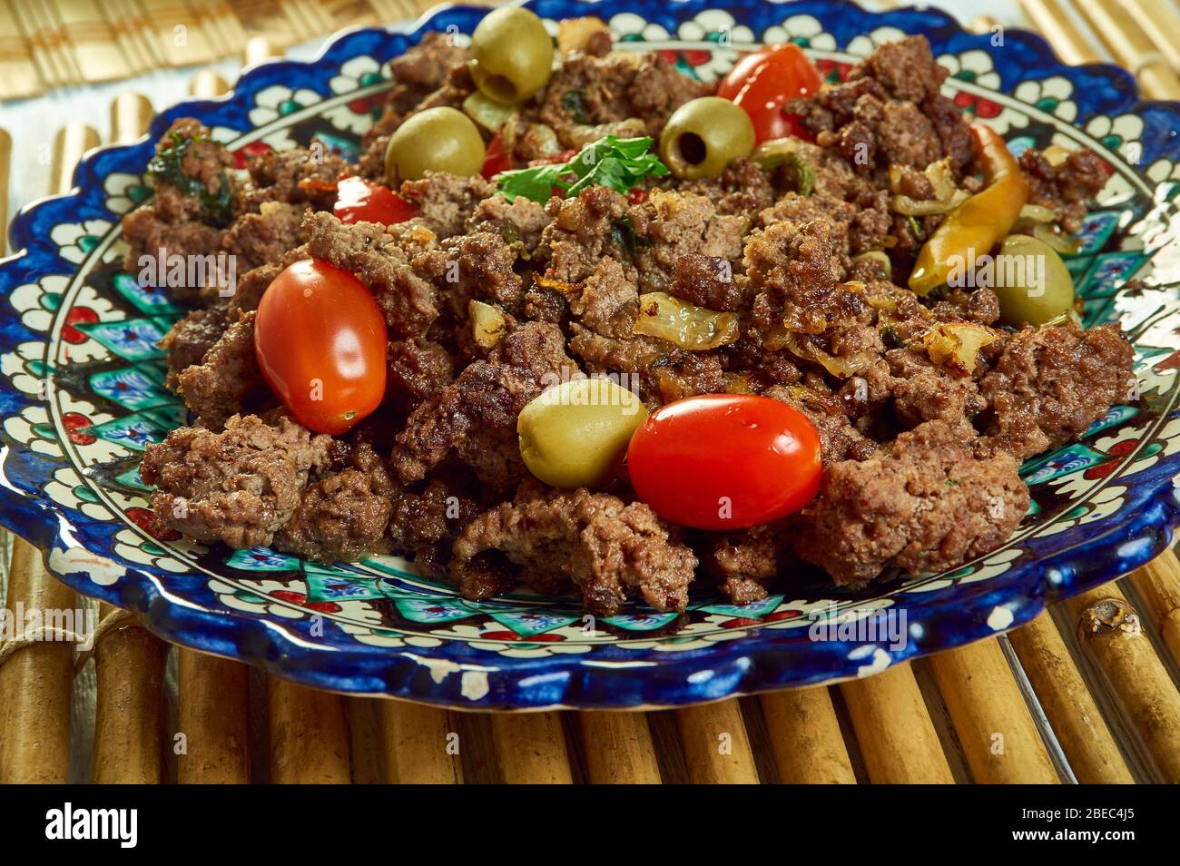 Tajine minced meat, Beef Shakshuka, tajine dish Stock Photo - Alamy