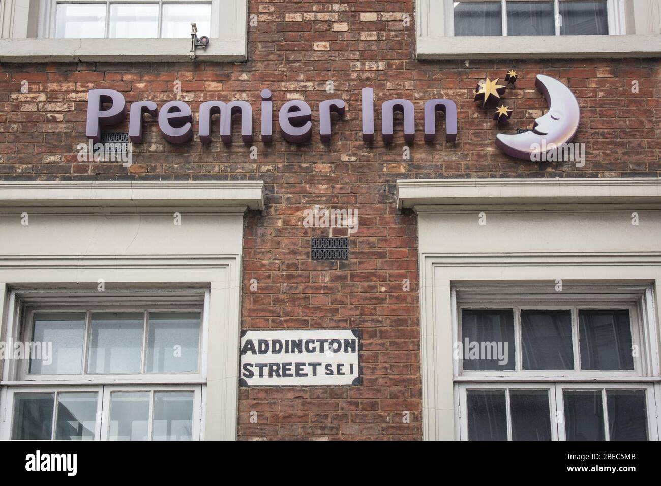 LONDON- Premier Inn logo and signage of Waterloo branch- a large ...