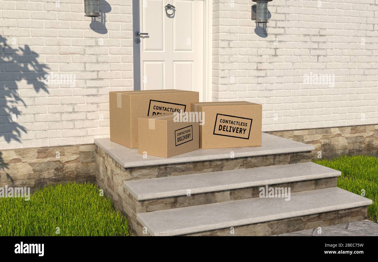 Contactless delivery concept, touch free shipping, cardboard boxes on the porch, safe order from ...