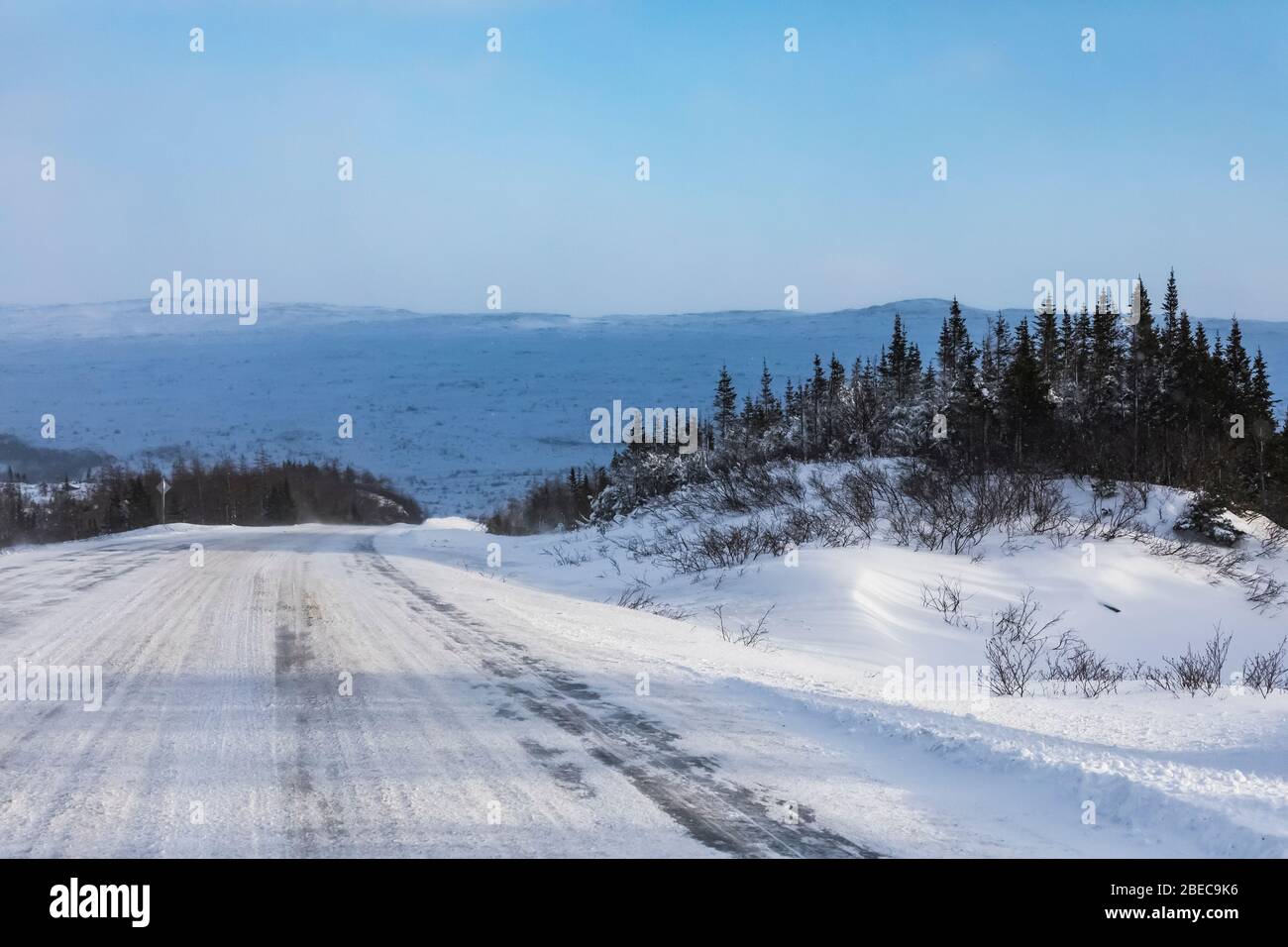 Winter conditions along the Burgeo Highway in February, Route 480, in ...