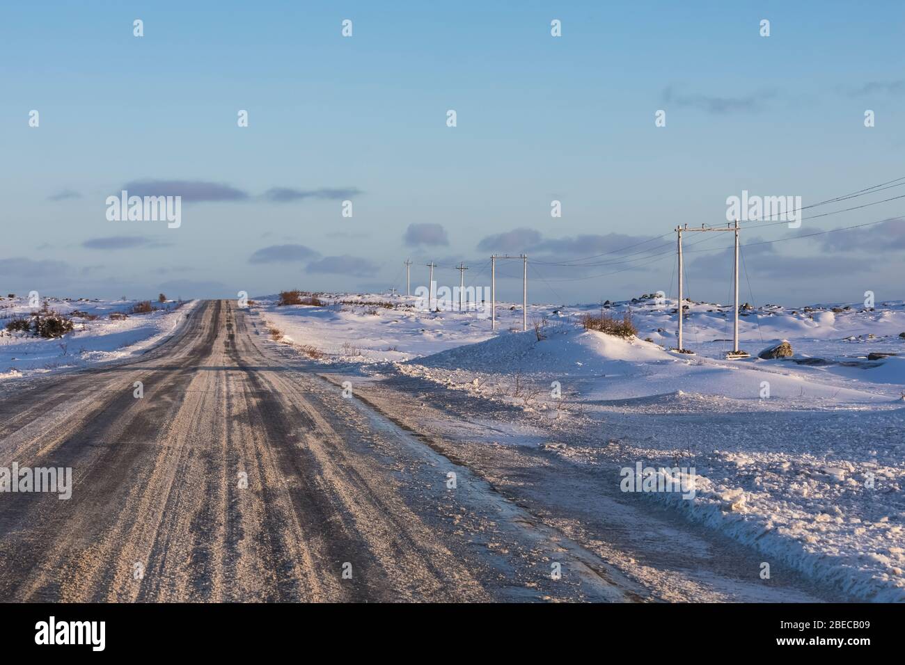 Snowy and windy open tundra landscape along the Burgeo Highway, Route ...