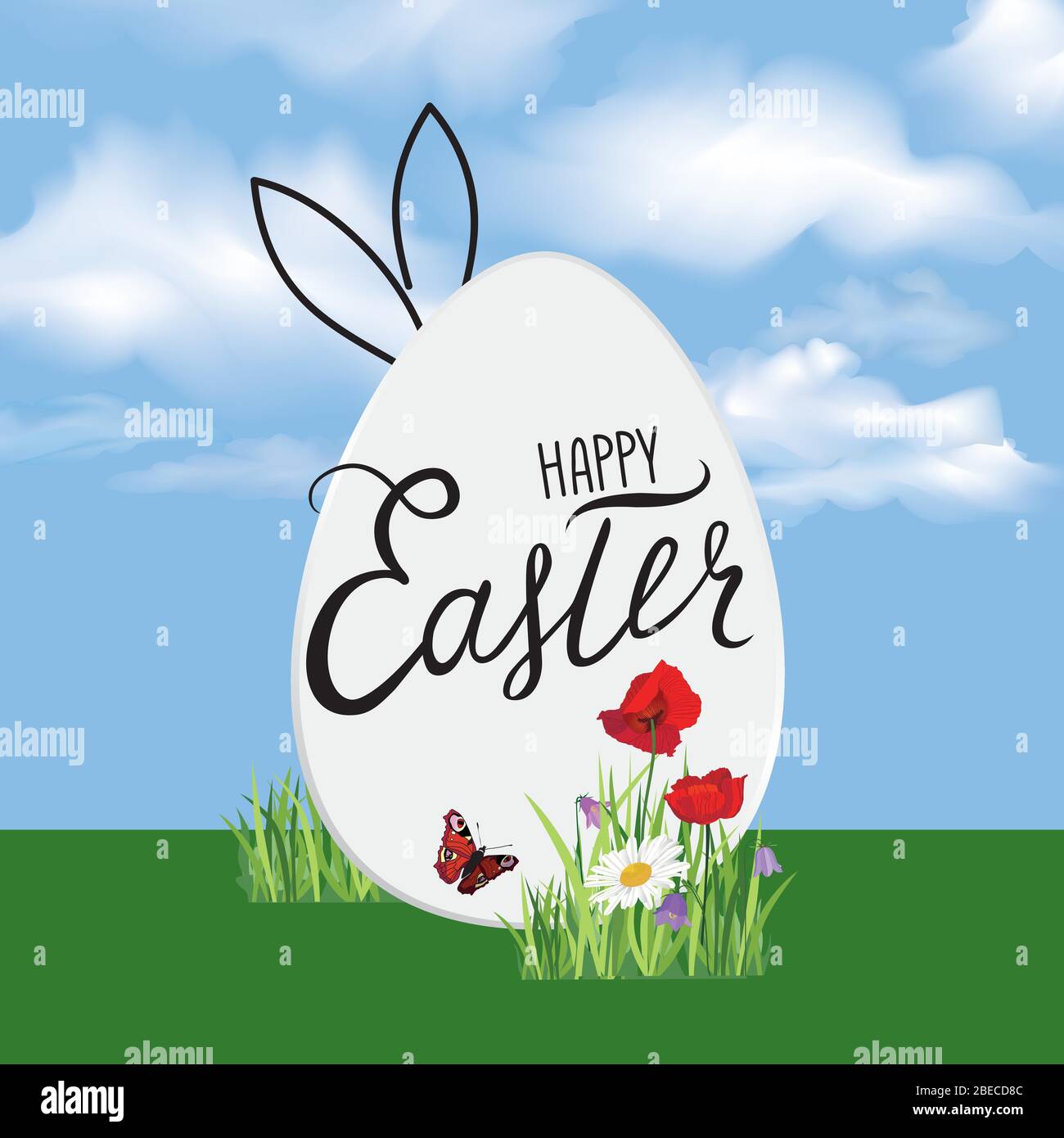 Happy Easter greeting card. Easter egg over field grass and flowers ...