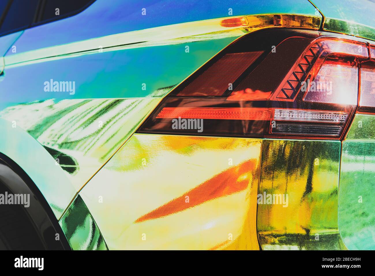 Chameleon holographic colour car. Rear view closeup. Beautiful modern ...