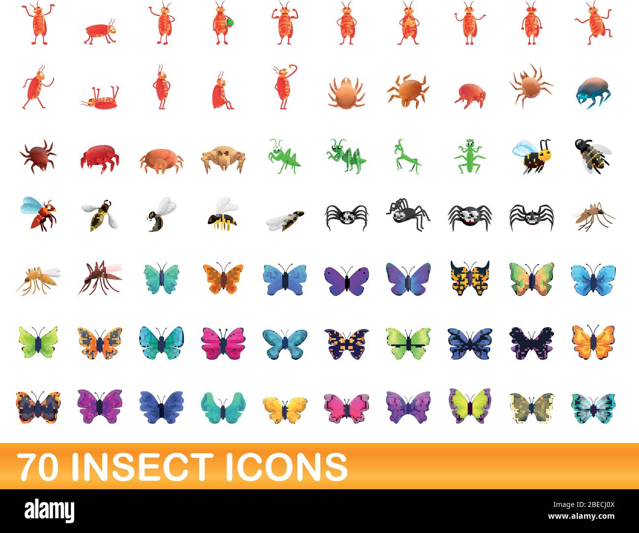 70 insect icons set. Cartoon illustration of 70 insect icons vector set ...
