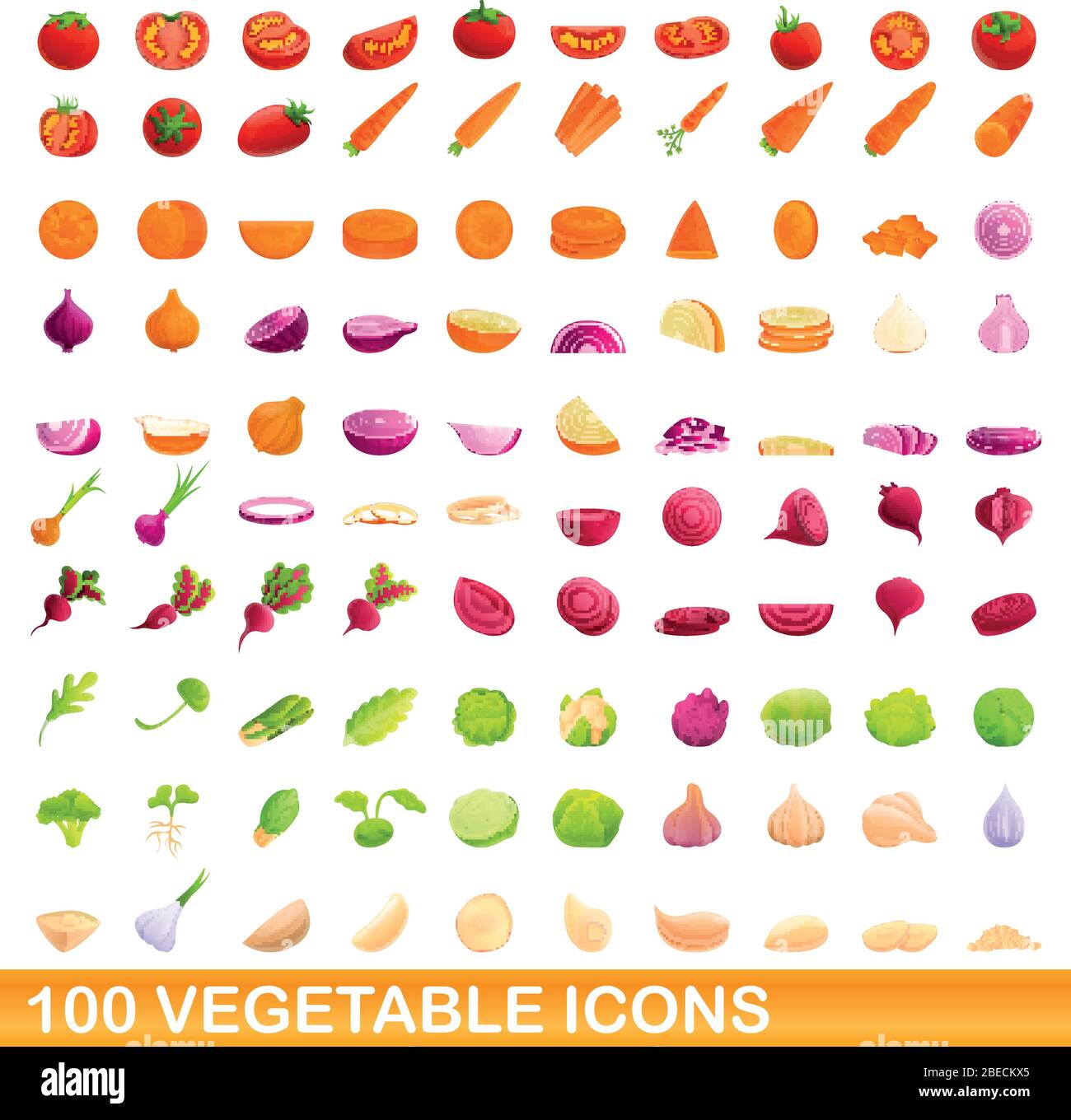 100 vegetable icons set. Cartoon illustration of 100 vegetable icons ...