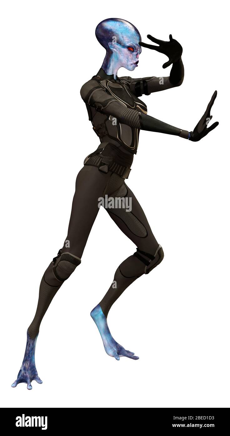 3D rendering of a blue female alien isolated on white background Stock ...