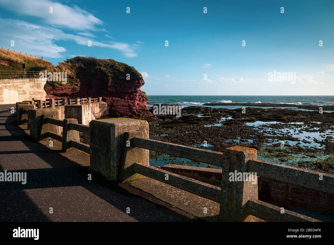 Coastal view by walkway leading to Seaton Cliffs, Arbroath, Scotland ...