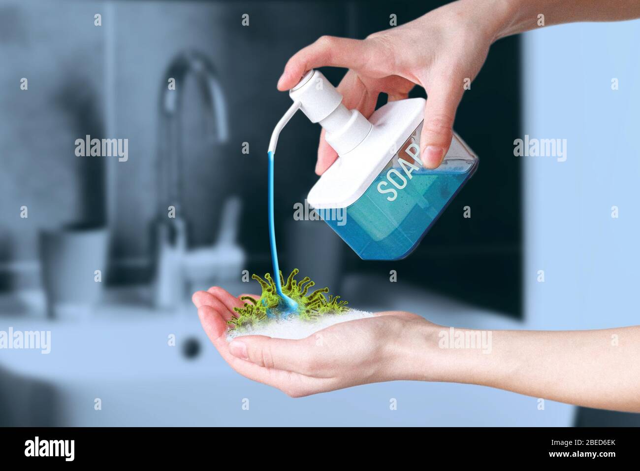 Woman pouring soap on their hands to kill the coronavirus. Wash your ...