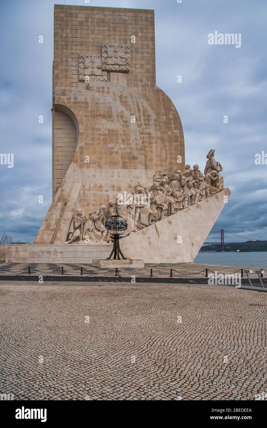 Padrão dos Descobrimentos monument in Lisbon, Portugal, on a dramatic cloudy day by the Tagus ...