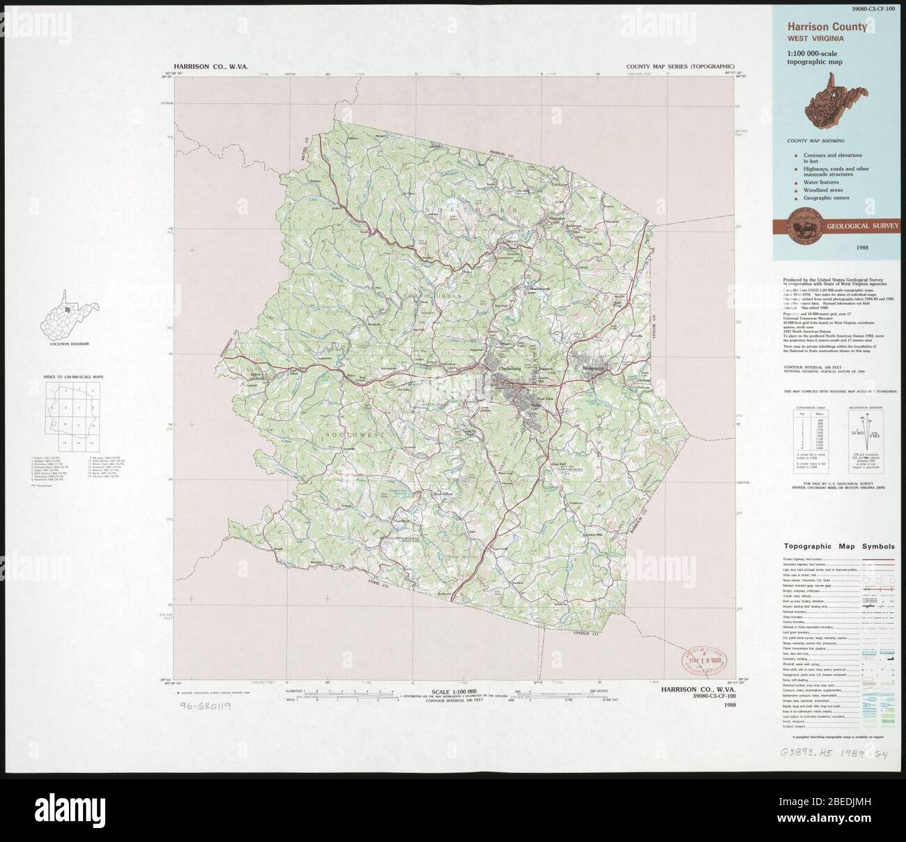 Harrison County, West Virginia - 1-100 000-scale topographic map Stock ...