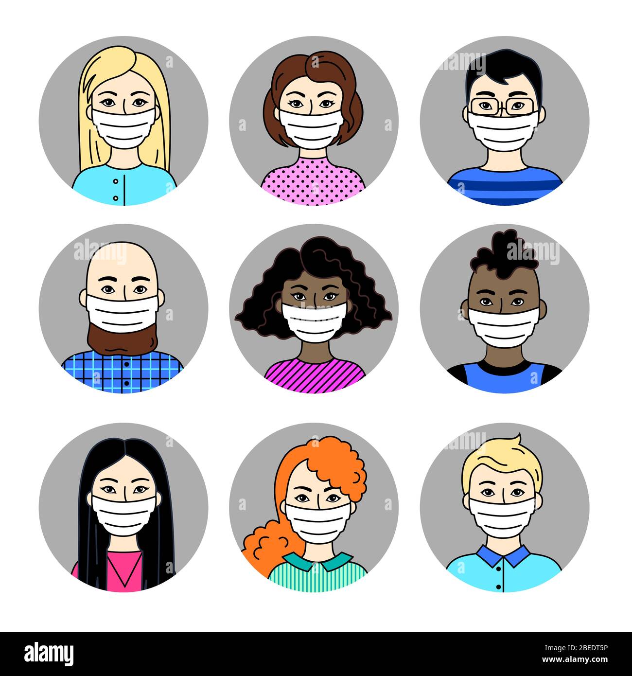 People Wearing Face Masks, Men And Women, Different Nationalities. Set ...