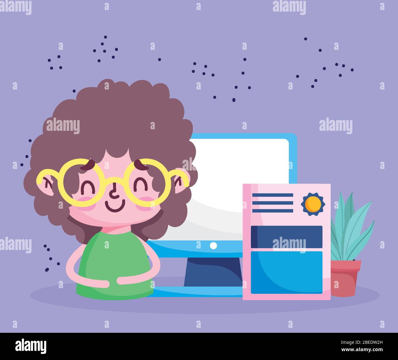 education online, student boy with computer certificate and plant ...