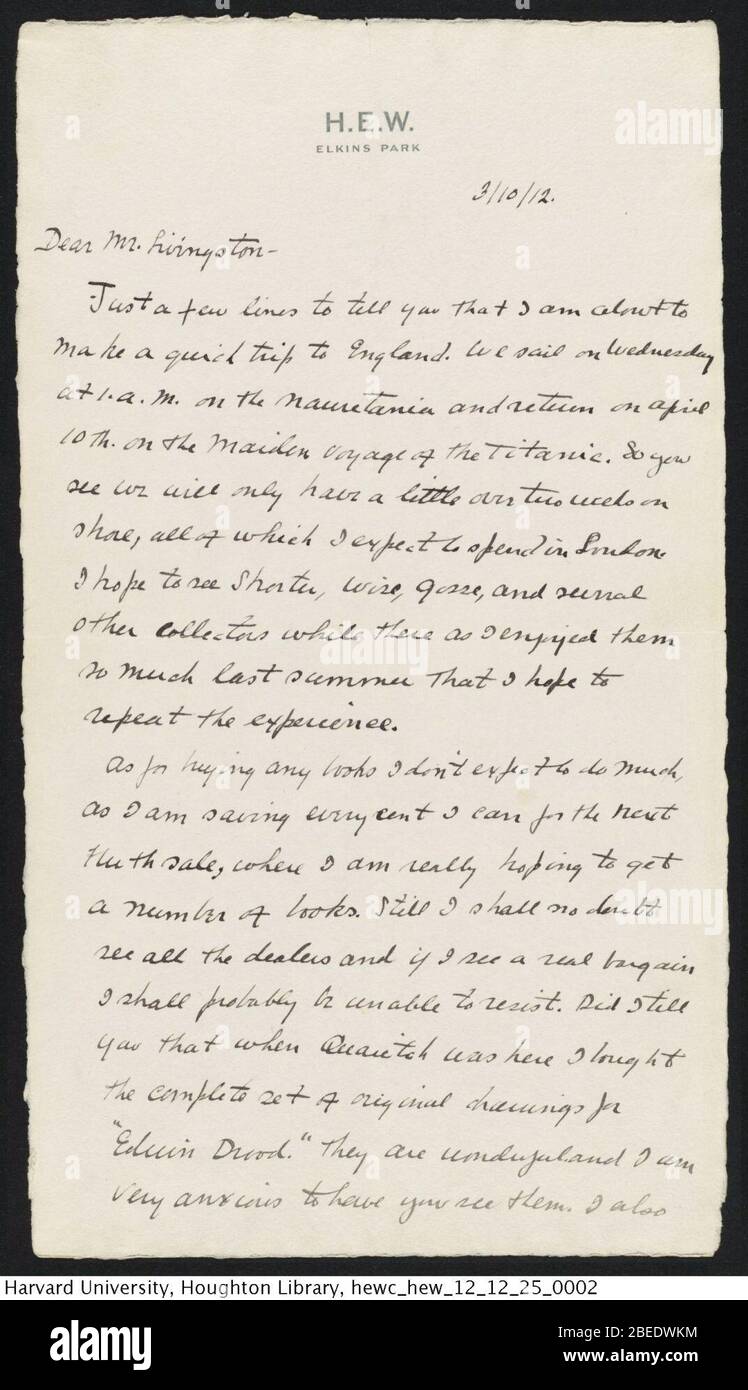 HarryElkinsWidener Letter 1912March10 p1 Stock Photo - Alamy