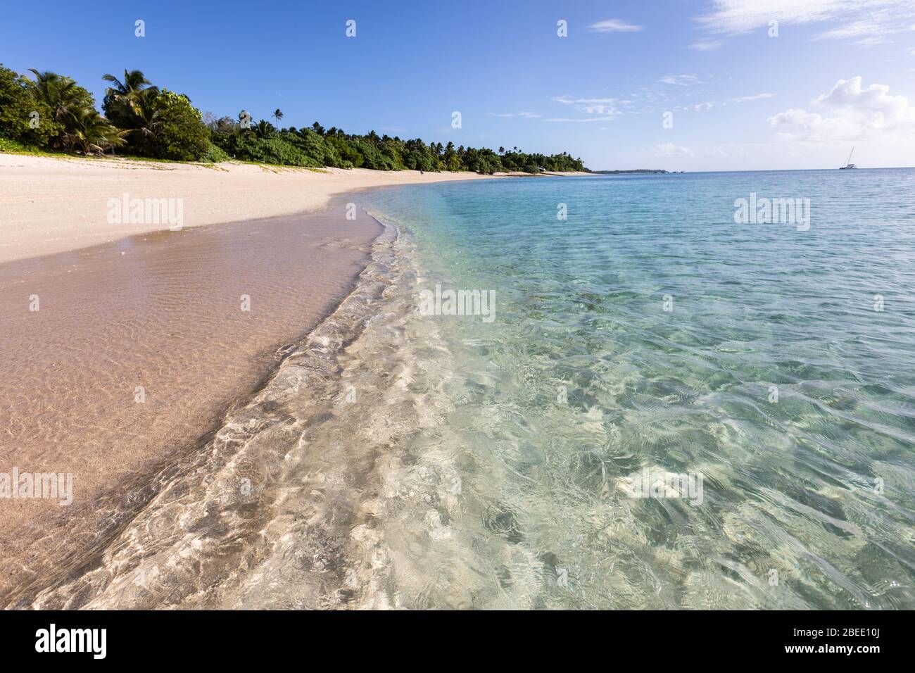 Idyllic sandy beach paradise blue lagoon transparent water fresh green ...