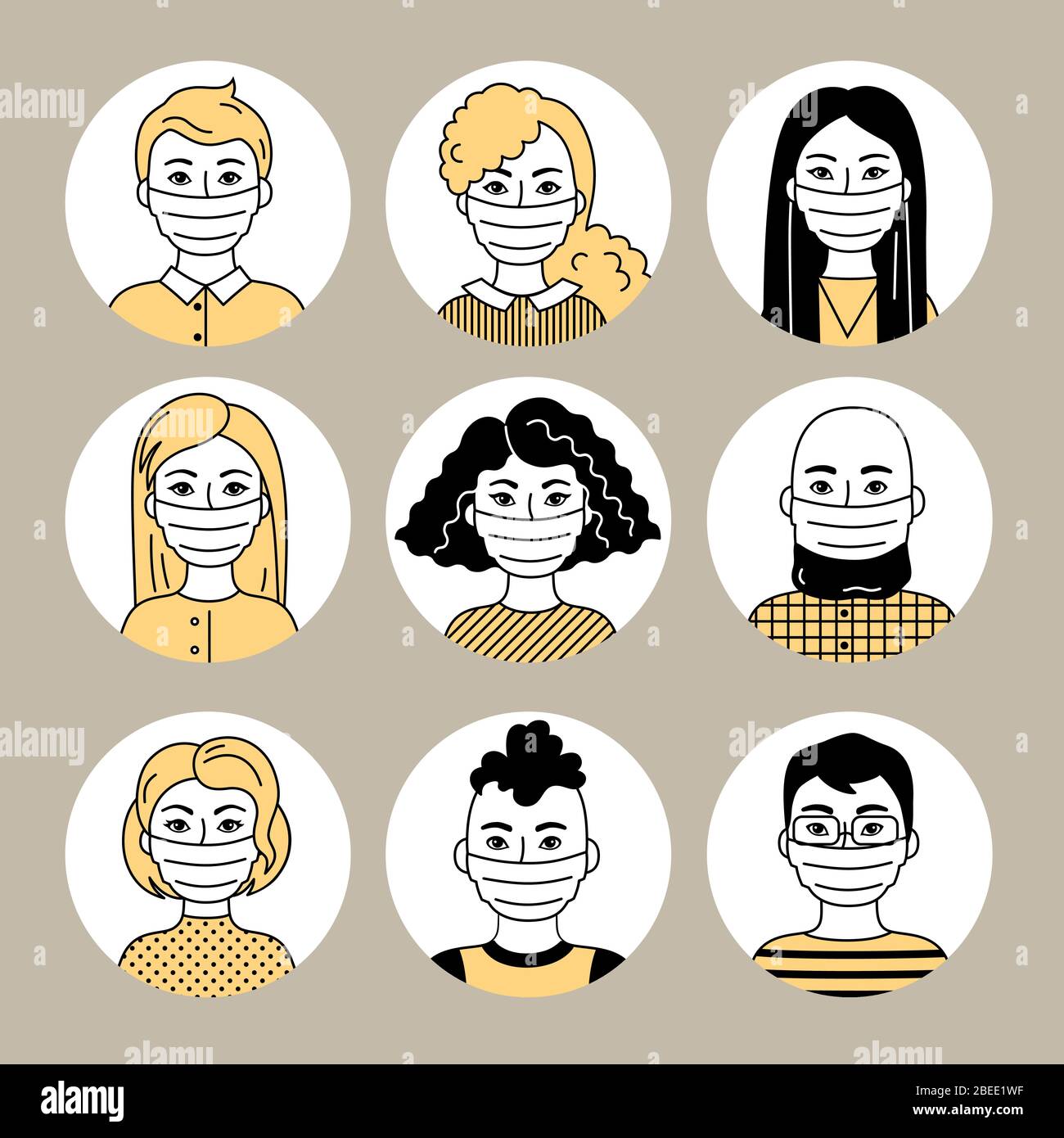 People Wearing Face Masks, Men And Women, Different Nationalities. Set ...