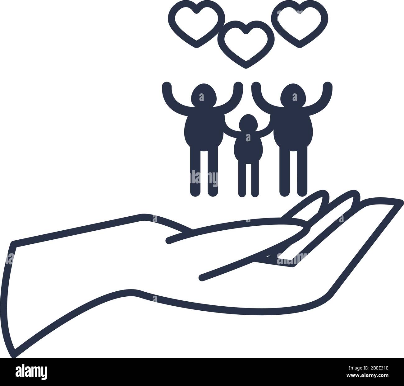 charity donations concept, hand with pictogram family with hearts icon ...