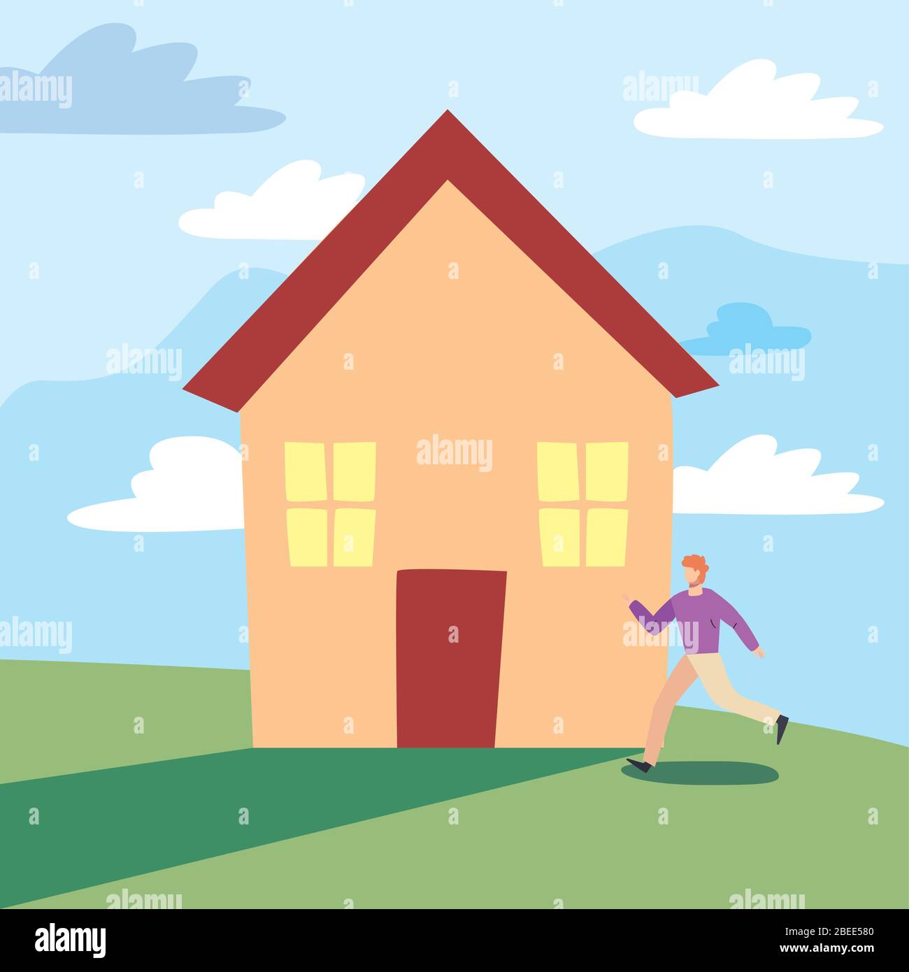 stay at home concept, Man running to the house over landscape ...