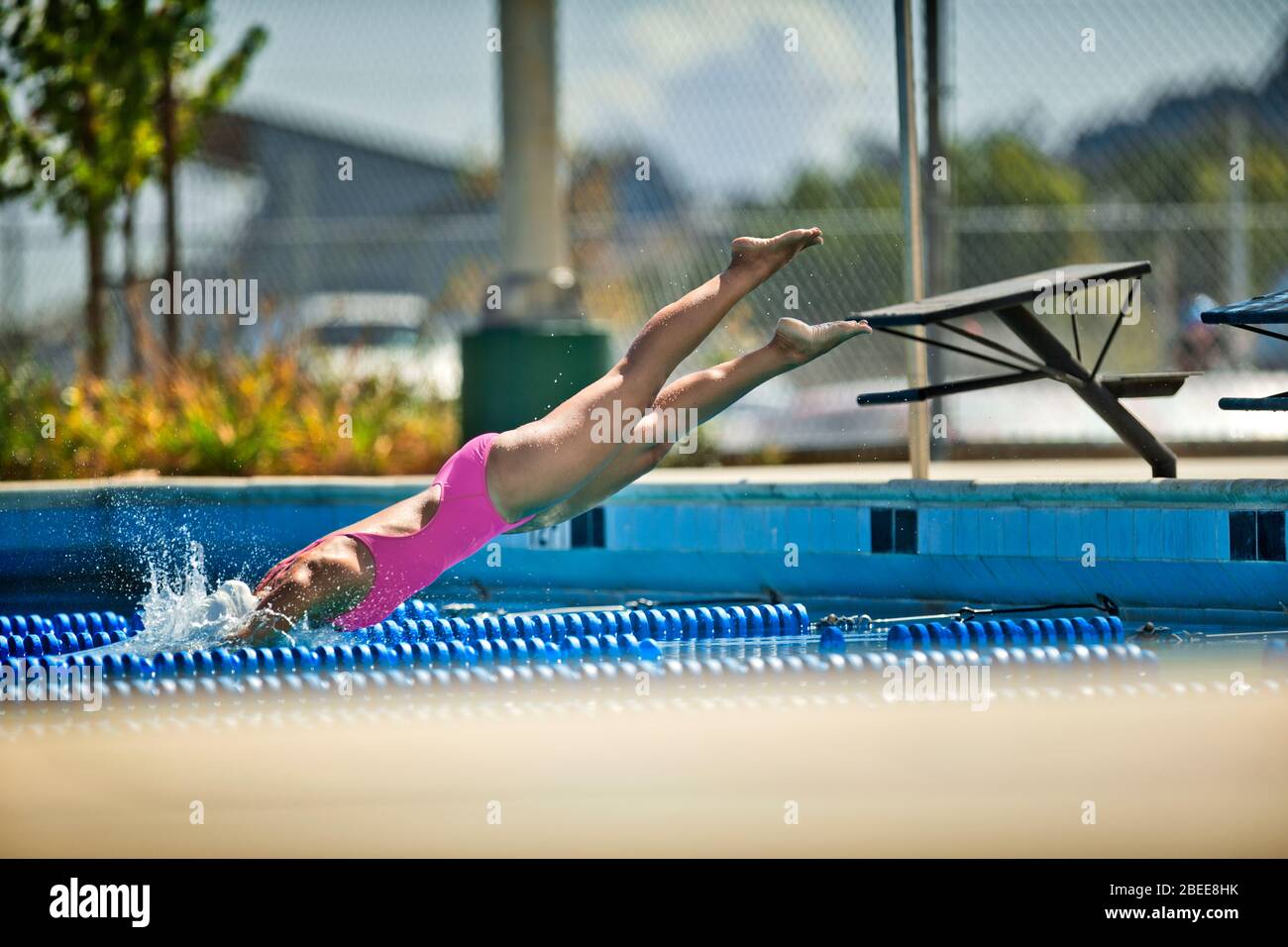 Woman diving from a starting block into a swimming pool Stock Photo - Alamy