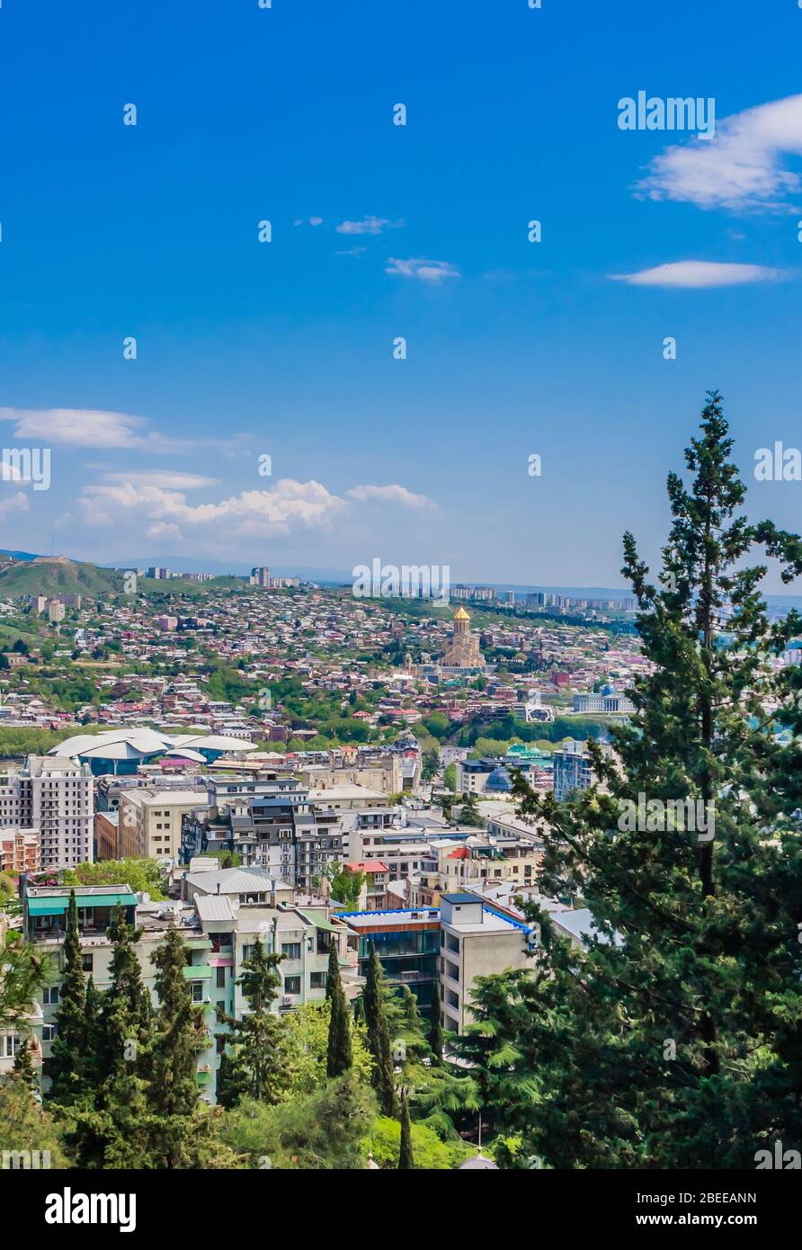 Panoramic view of Tbilisi city from funicular to the Mt Mtatsminda, old ...