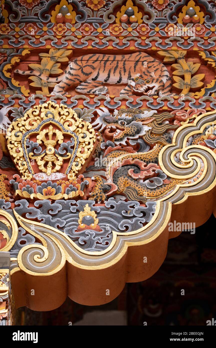 Bhutan, Punakha Dzong. Traditional hand painted and carved wooden ...