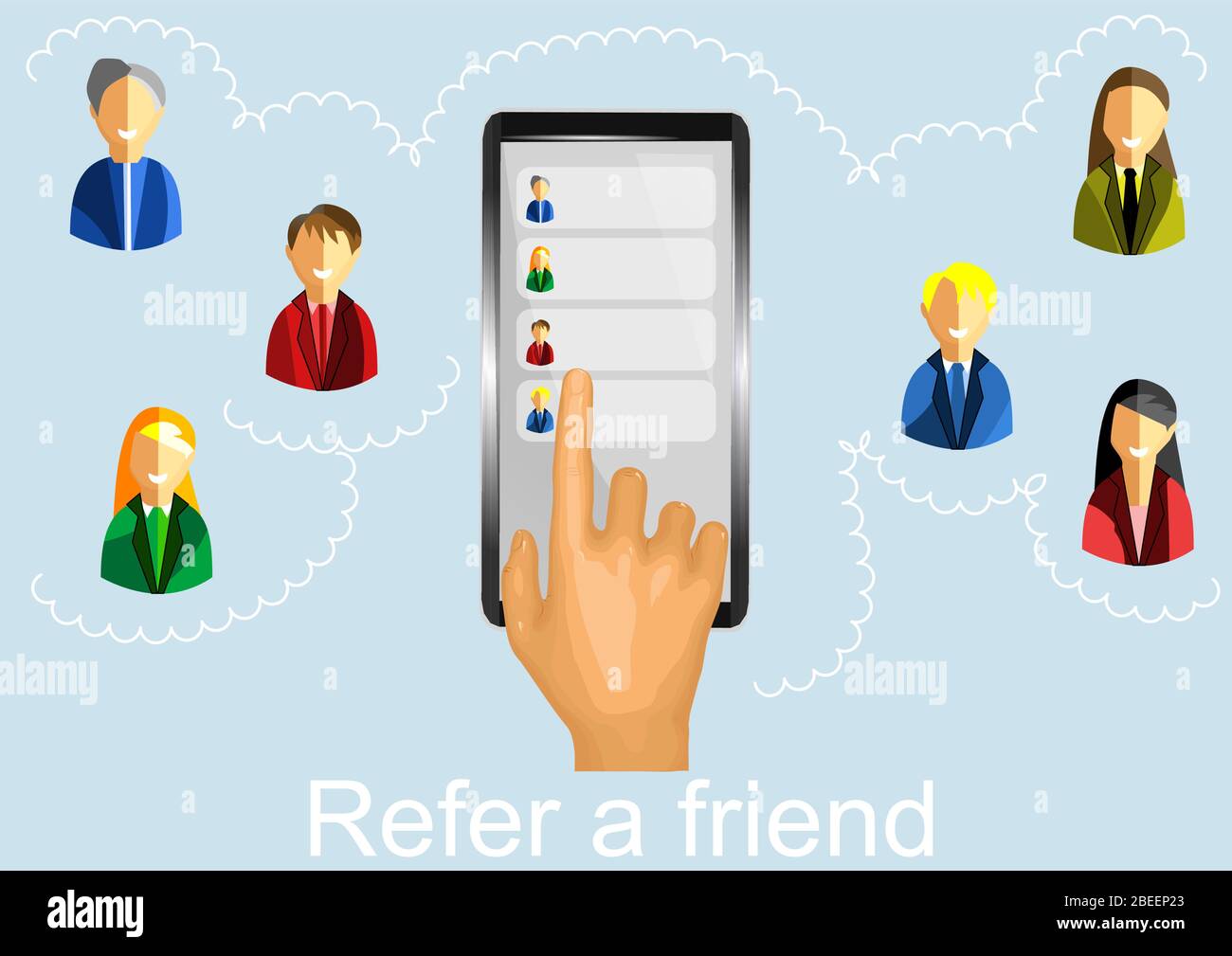 Refer a friend concept. Hands holding phone with contacts of friends ...