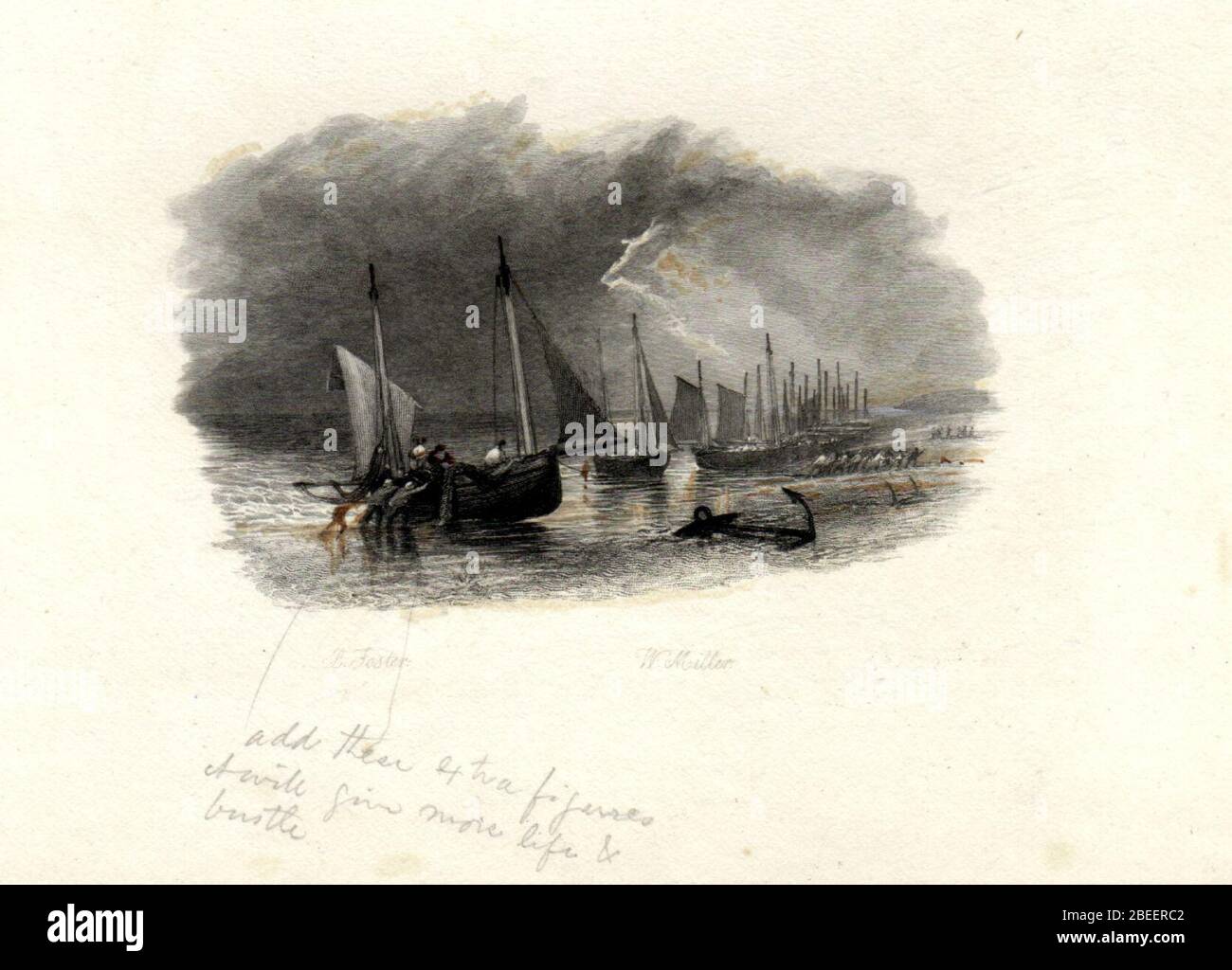 Hastings Beach engraving by William Miller after Birket Foster touched ...