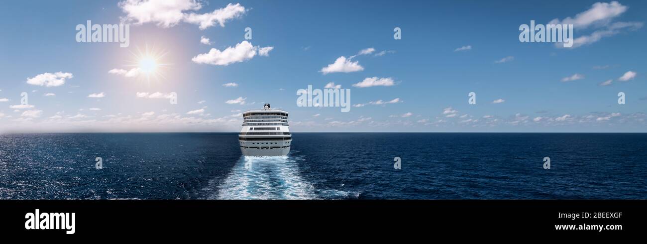 Sailing cruise ship on the sea. Rear end of the vessel with a track of ...