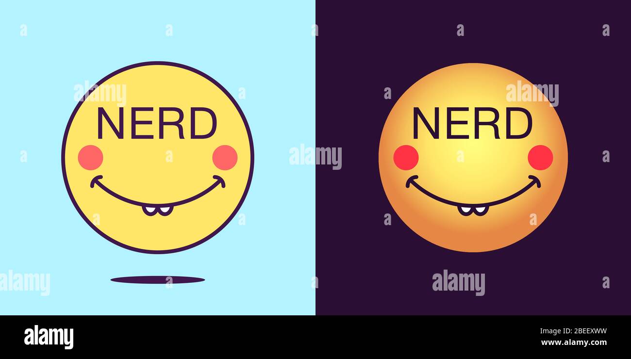 Emoji face icon with phrase Nerd. Dilly emoticon with text Nerd. Set of ...