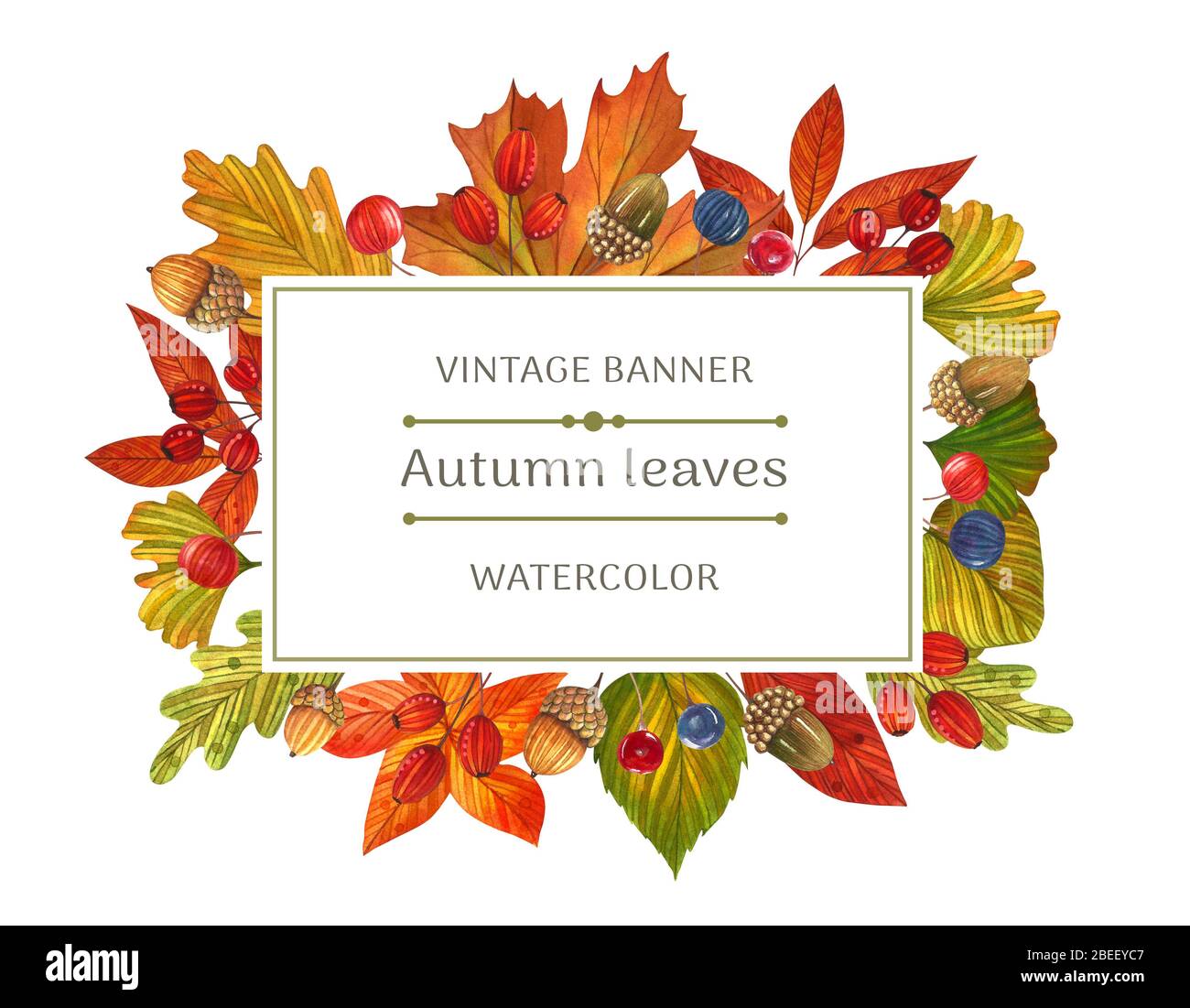 Autumn watercolor illustration frame with colored leaves on the white ...