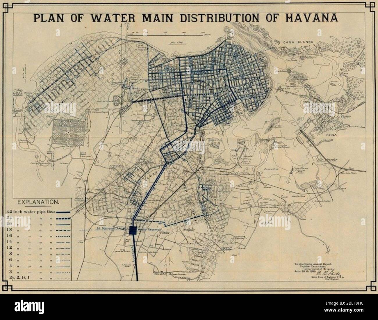 Havana Map, Showing Plan of Water Main Distribution, Cuba 1899 Stock ...