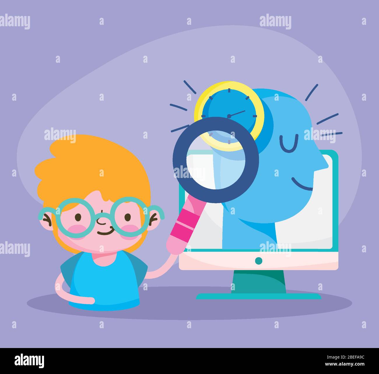education online, student boy with magnifier computer class time vector ...